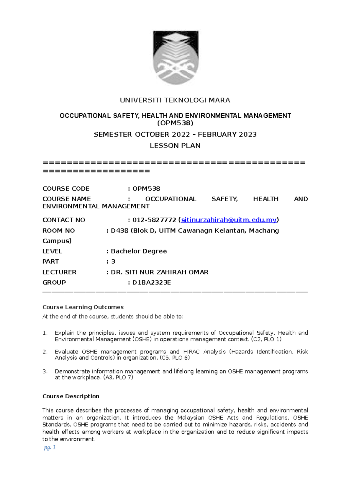[OCT 2022- FEB 2023] - Lesson Plan - UNIVERSITI TEKNOLOGI MARA ...