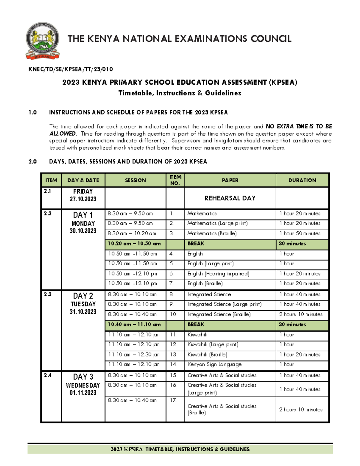 2023 Kpsea Timetable 21 - 2023 KPSEA TIMETABLE, INSTRUCTIONS ...
