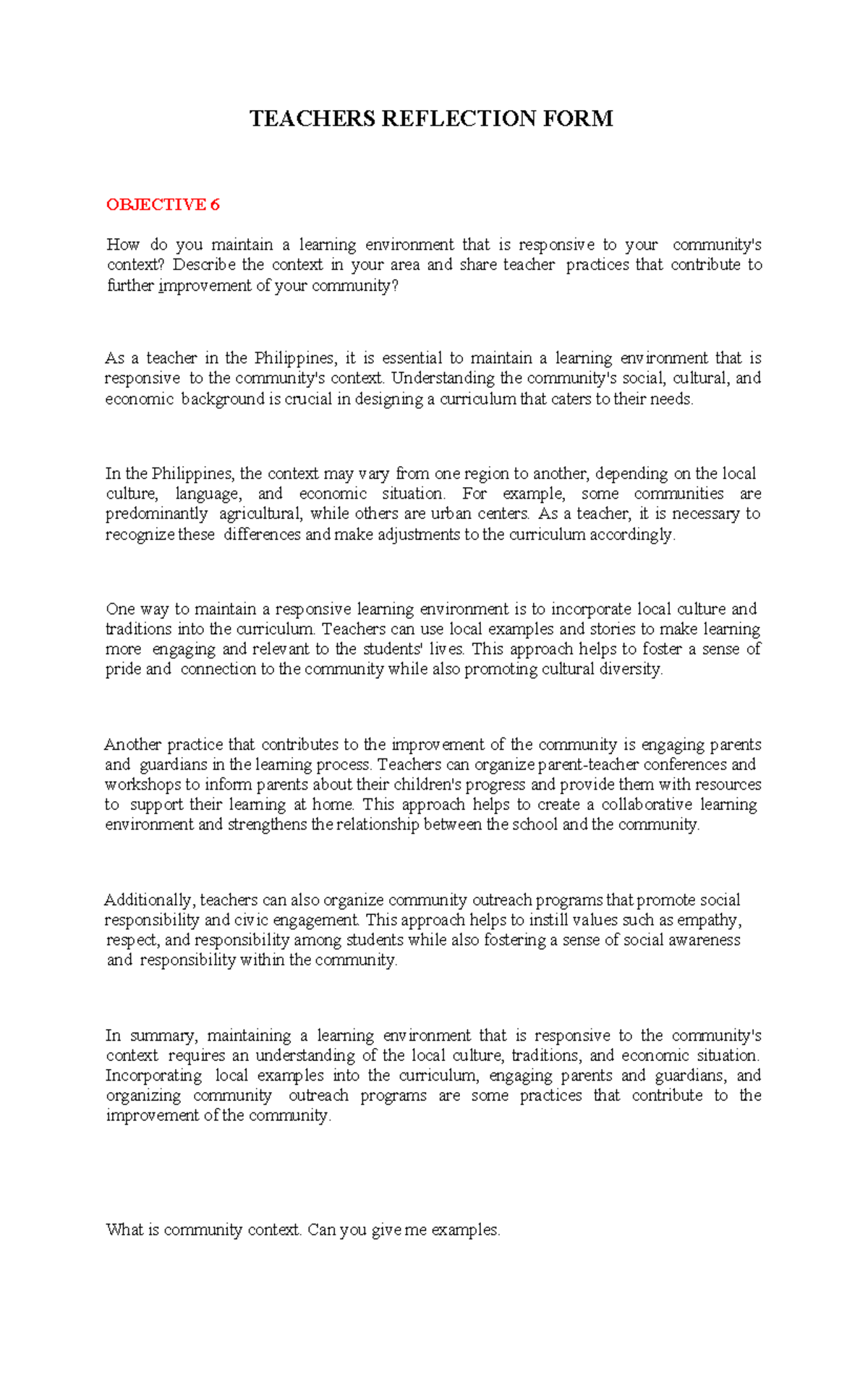 1. TRF Objective 6,7,8,9 - TEACHERS REFLECTION FORM OBJECTIVE 6 How do you maintain a learning ...