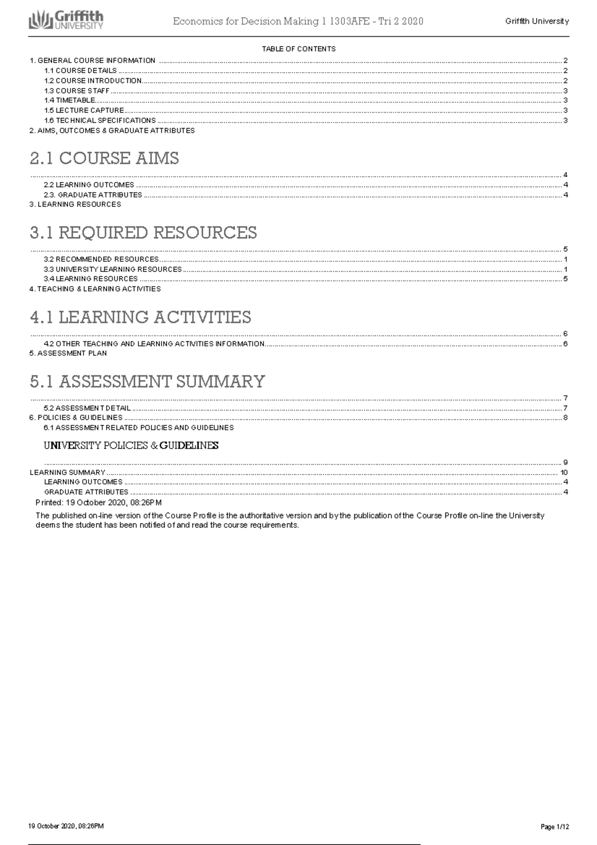 Course Profile 1303AFE - TABLE OF CONTENTS 1. GENERAL COURSE ...