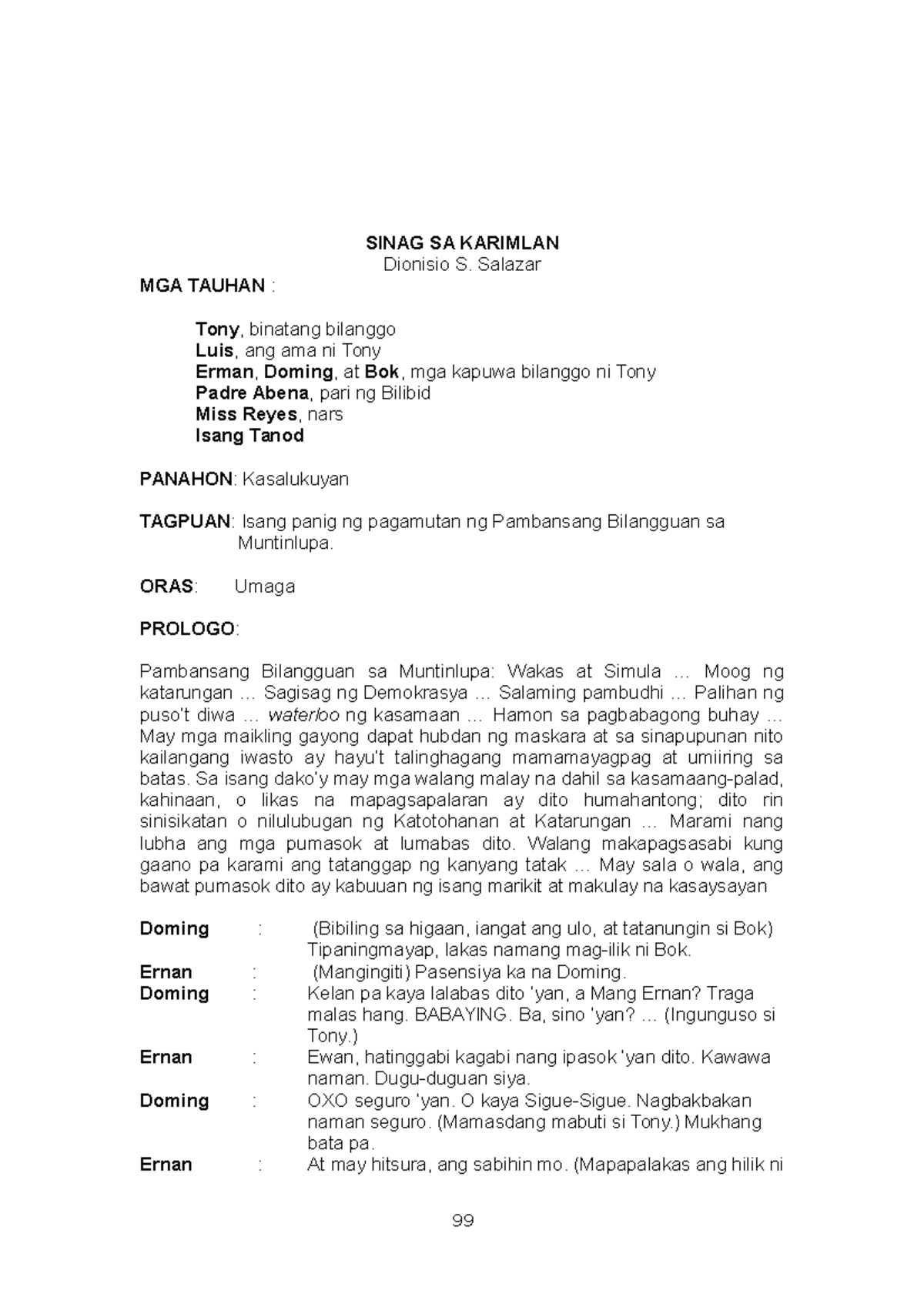 Pdfcoffee popon - SINAG SA KARIMLAN Dionisio S. Salazar MGA TAUHAN : Tony, binatang bilanggo ...