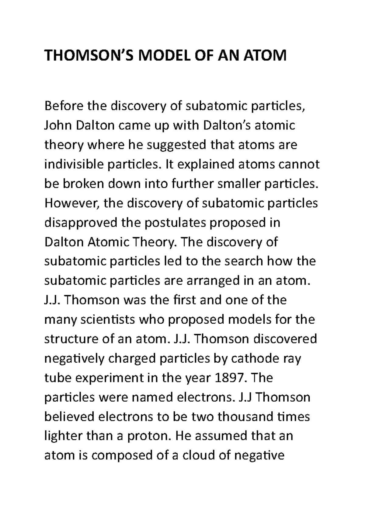 Thomson theorem - THOMSON’S MODEL OF AN ATOM Before the discovery of ...