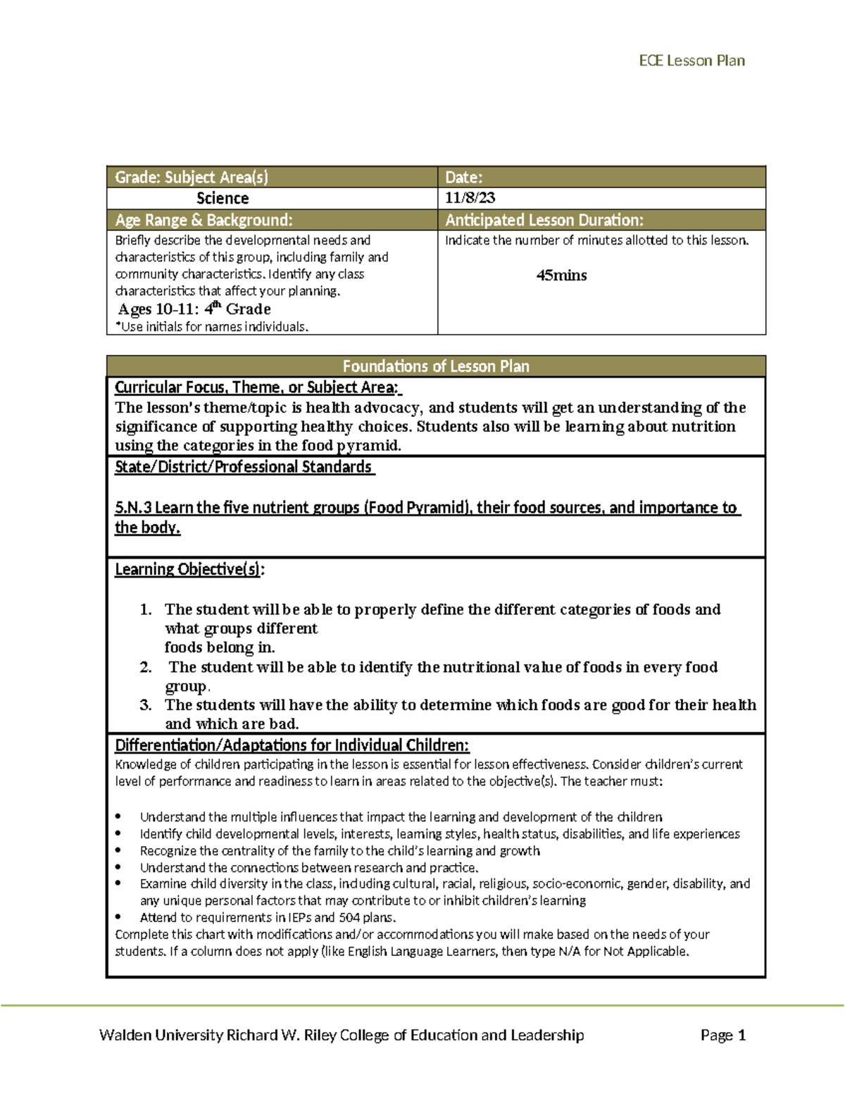 Science lesson plan-4 - Grade: Subject Area(s) Date: Science 11/8/ Age ...