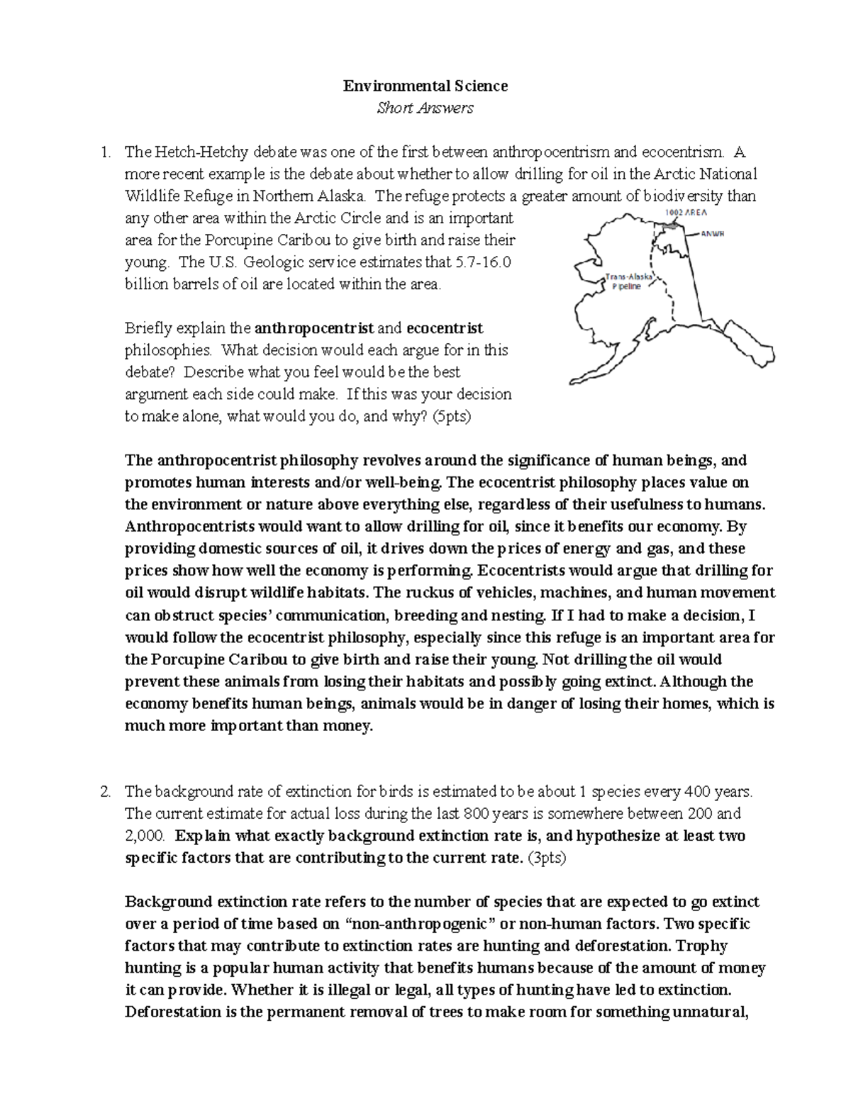 Introduction to Environmental Science Short Answer - Environmental ...