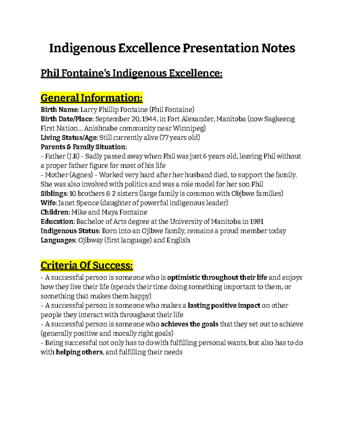 Indigenous Excellence Presentation Notes - .. Anishnabe community near ...