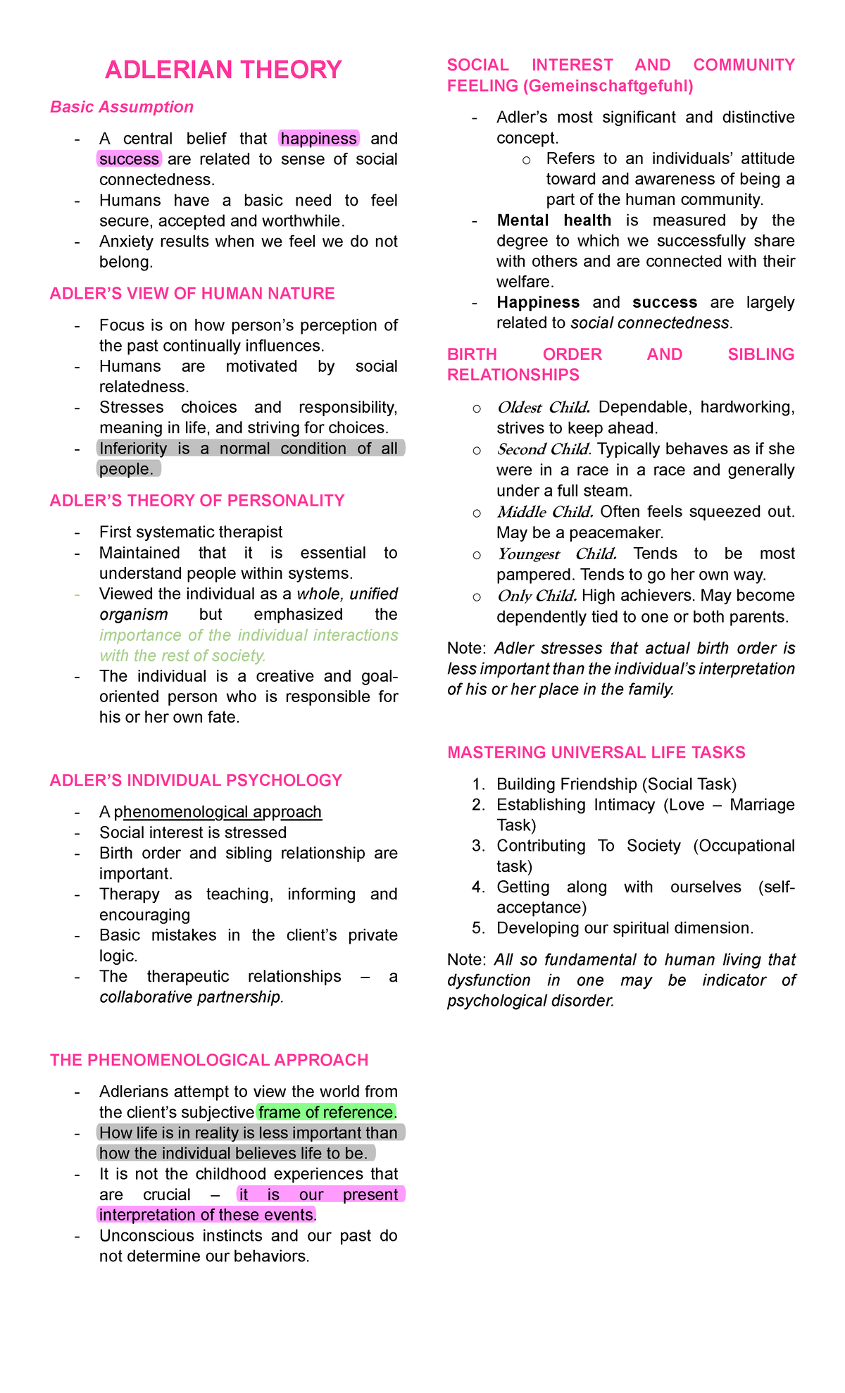 (a) ITC MID 094046 - Psychology - ADLERIAN THEORY Basic Assumption - A ...