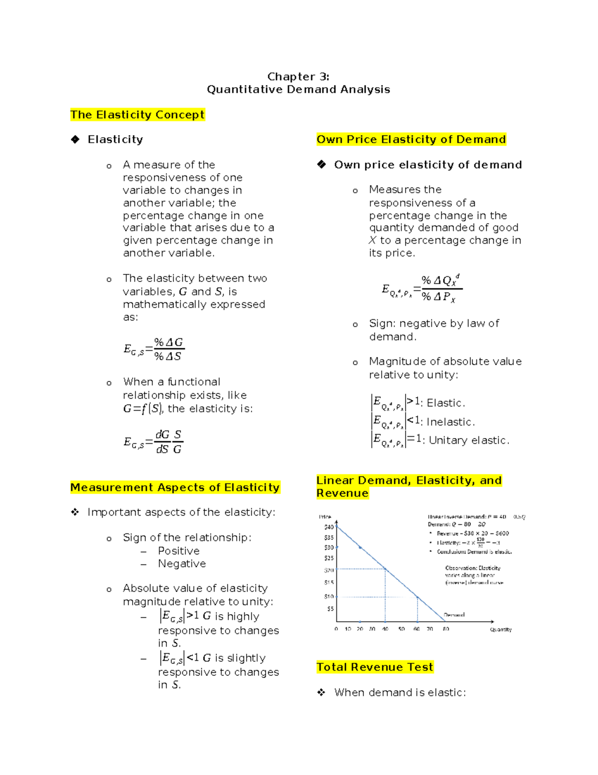 Chapter 3 Quantitative Demand Analysis - o The elasticity between two ...