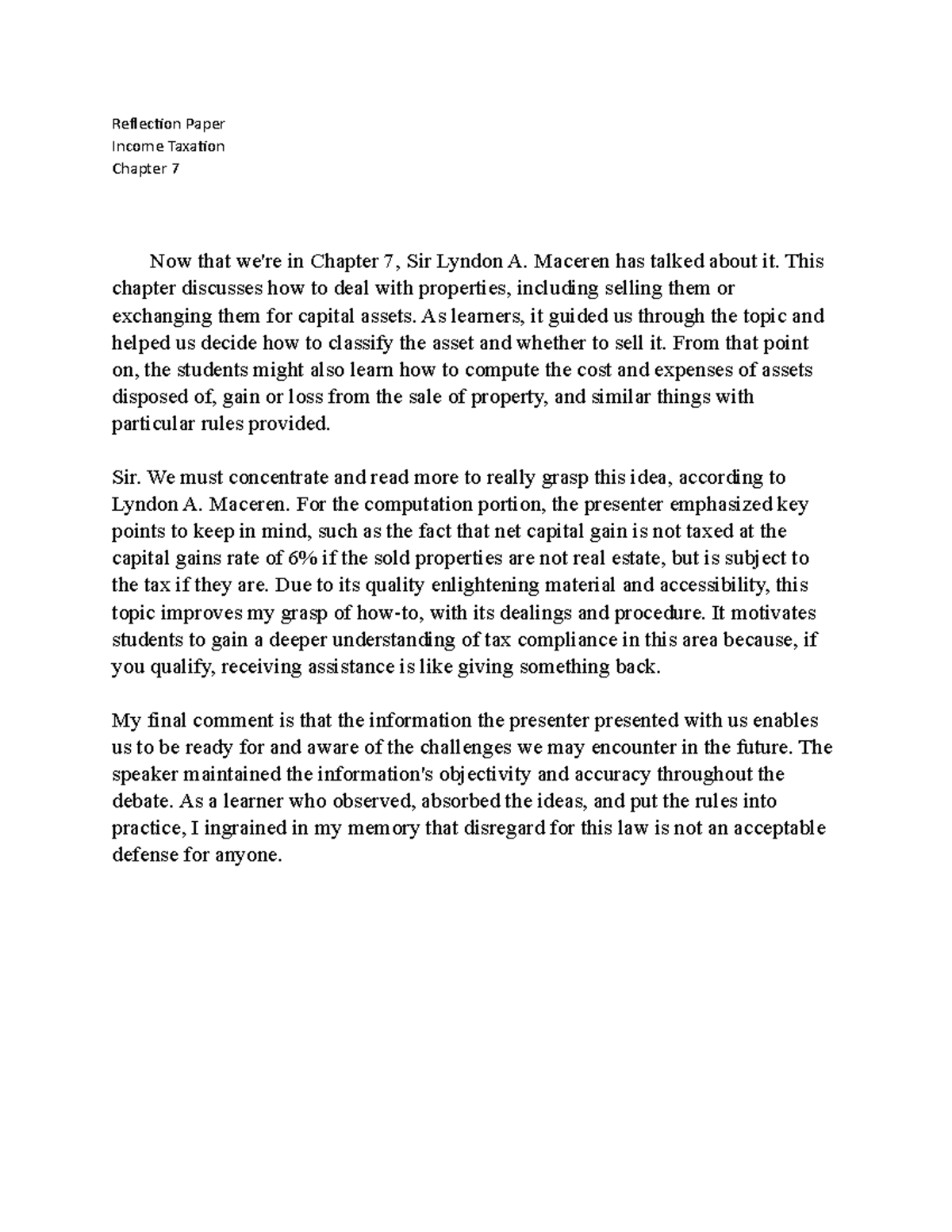 Reflection Paper chapter 7 - Reflection Paper Income Taxation Chapter 7 ...