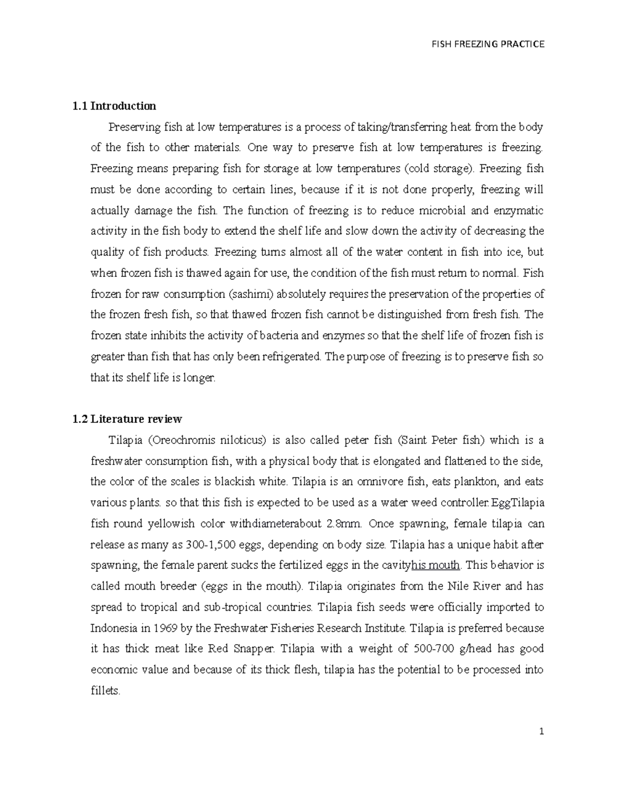 FISH Freezing Practice - 1 Introduction Preserving fish at low ...