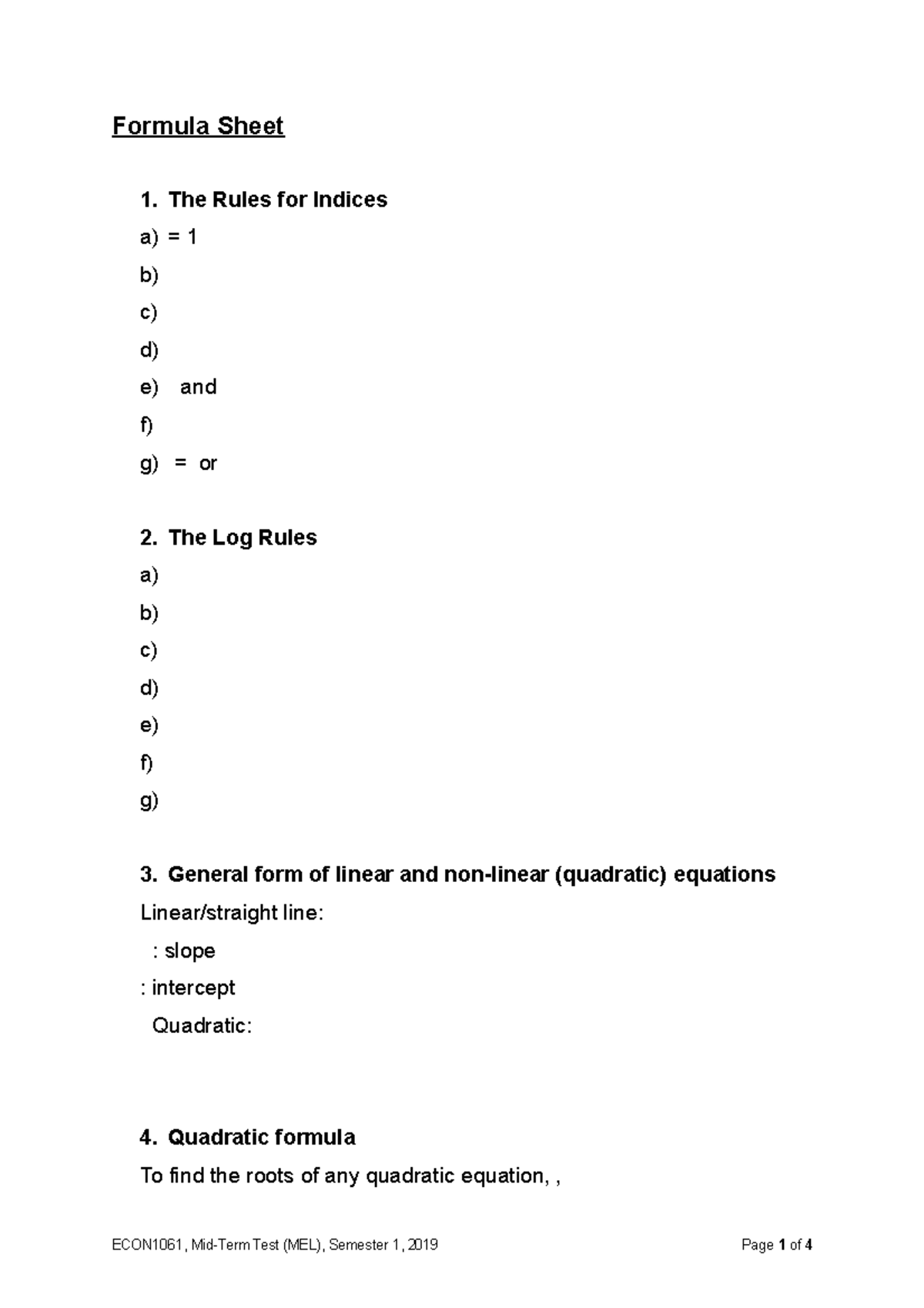 Mid term formula sheet - form - Formula Sheet 1. The Rules for Indices ...