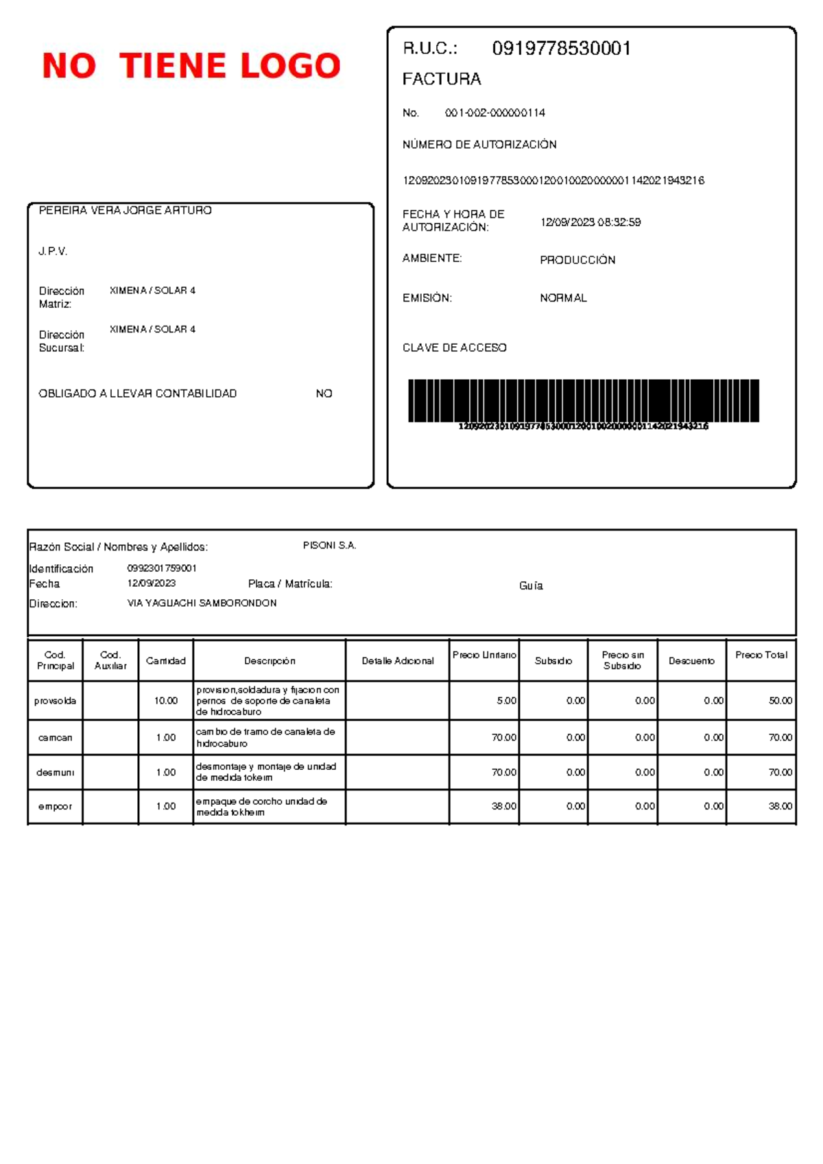 Factura 001-002-000000114 - R.U.: FACTURA NÚMERO DE AUTORIZACIÓN FECHA ...