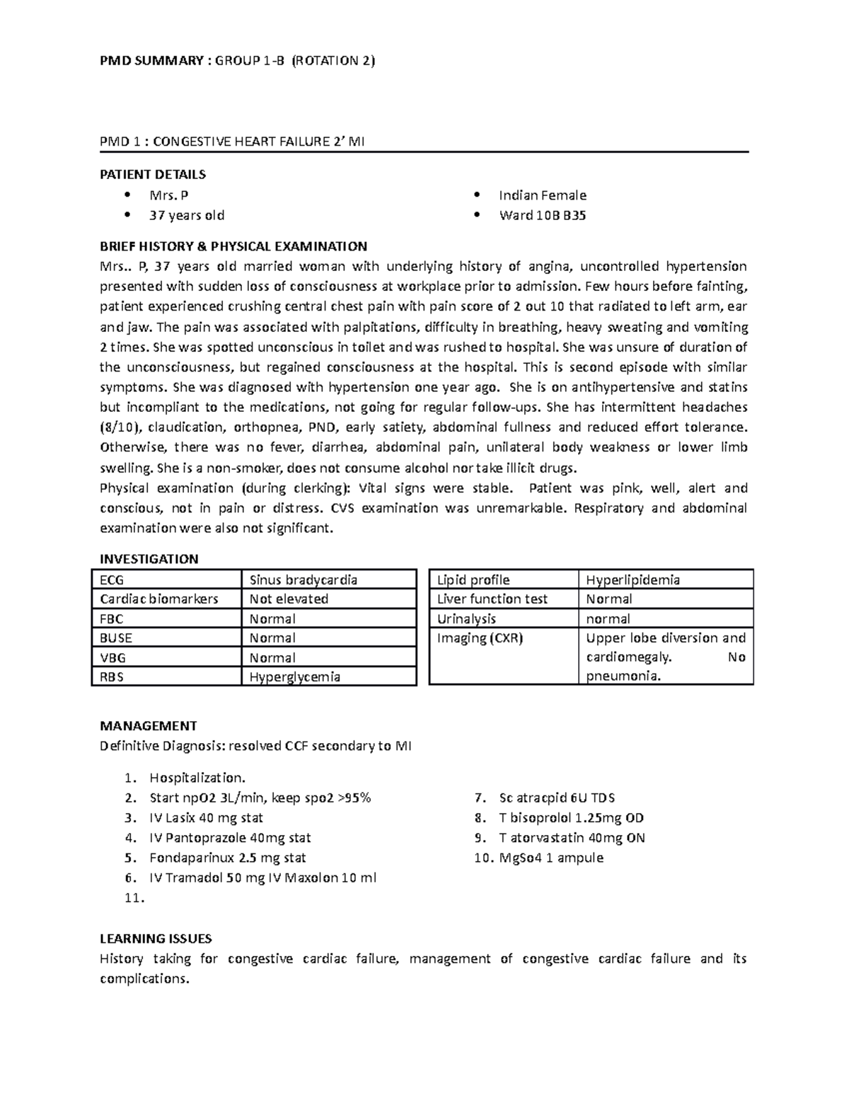 PMD internal medicine - patient report summary - PMD 1 : CONGESTIVE ...