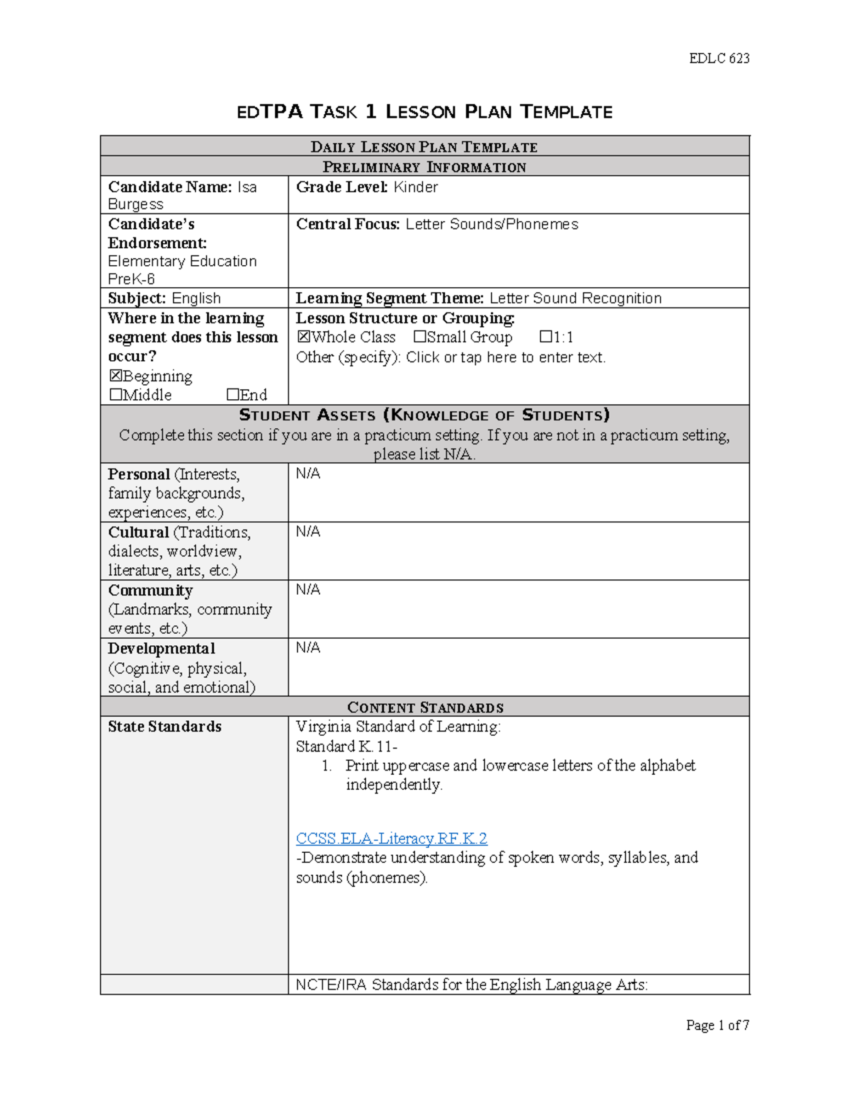 Ed TPA Task 1 Lesson Plan - EDTPA TASK 1 LESSON PLAN TEMPLATE DAILY ...