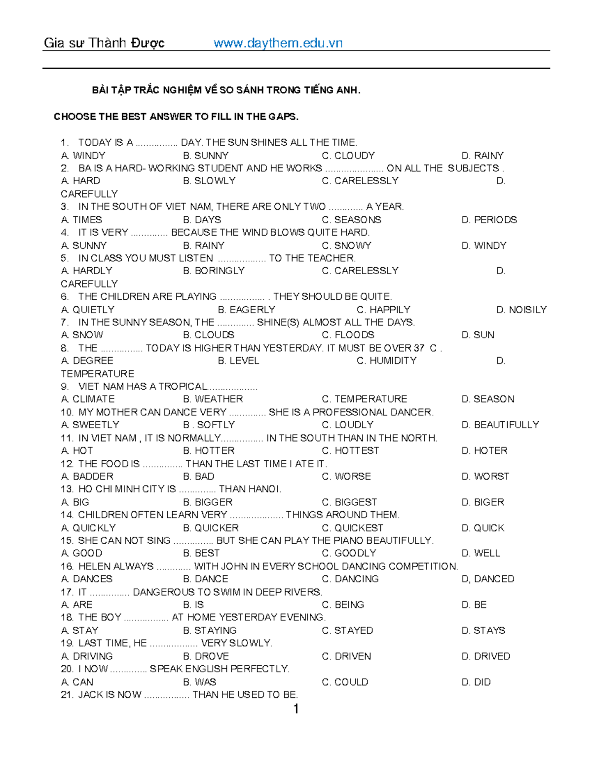 Bài tập so sánh trong tiếng anh - Bμi TÀp Træc Nghi÷m V“ So S∏nh Trong ...