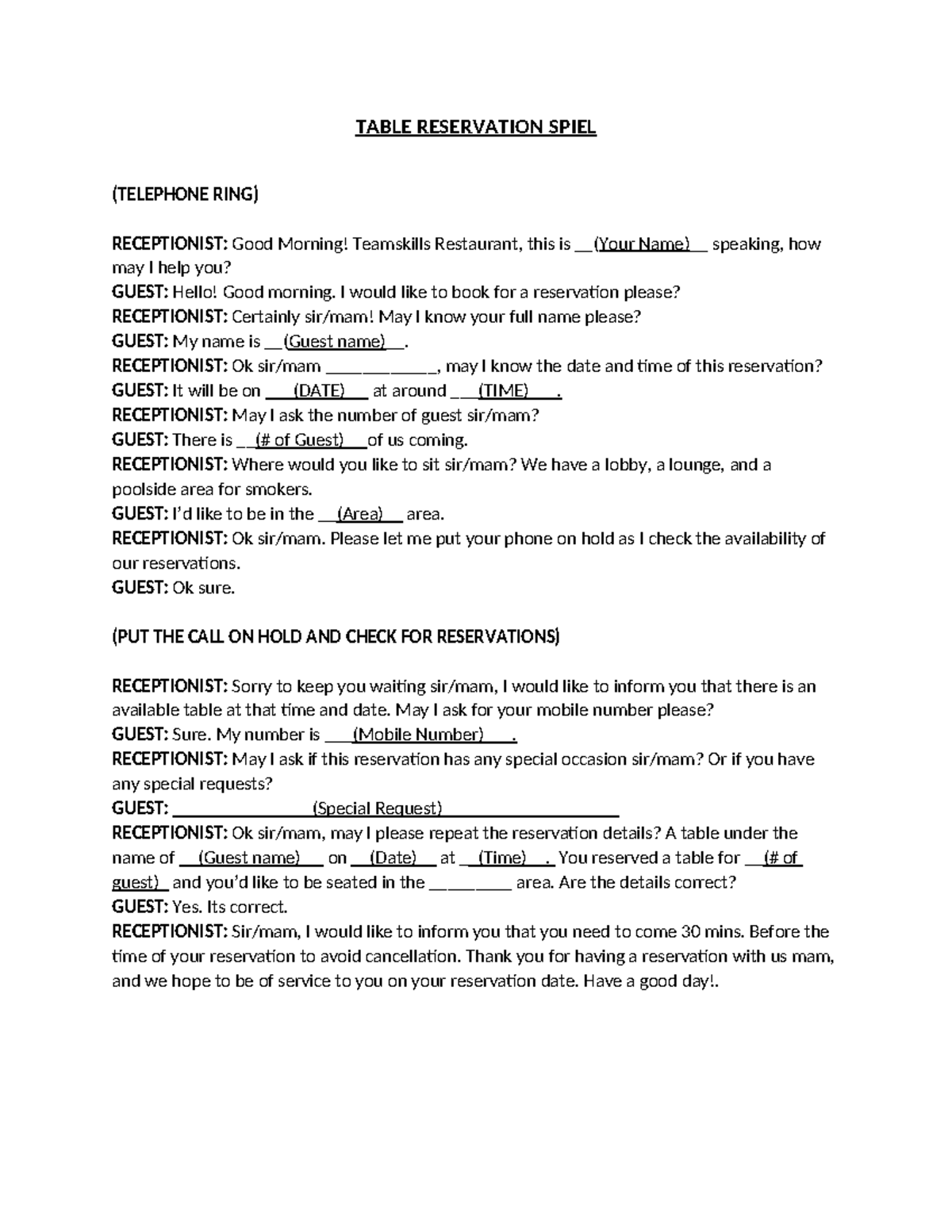 T.Reservations Spiel - TABLE RESERVATION SPIEL (TELEPHONE RING ...