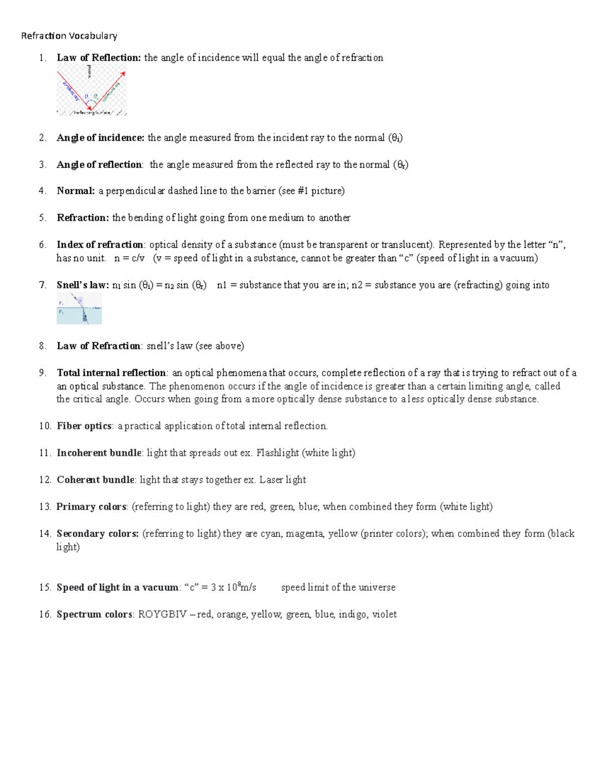 Refraction Vocabulary with answers - Refraction Vocabulary 1. Law of ...