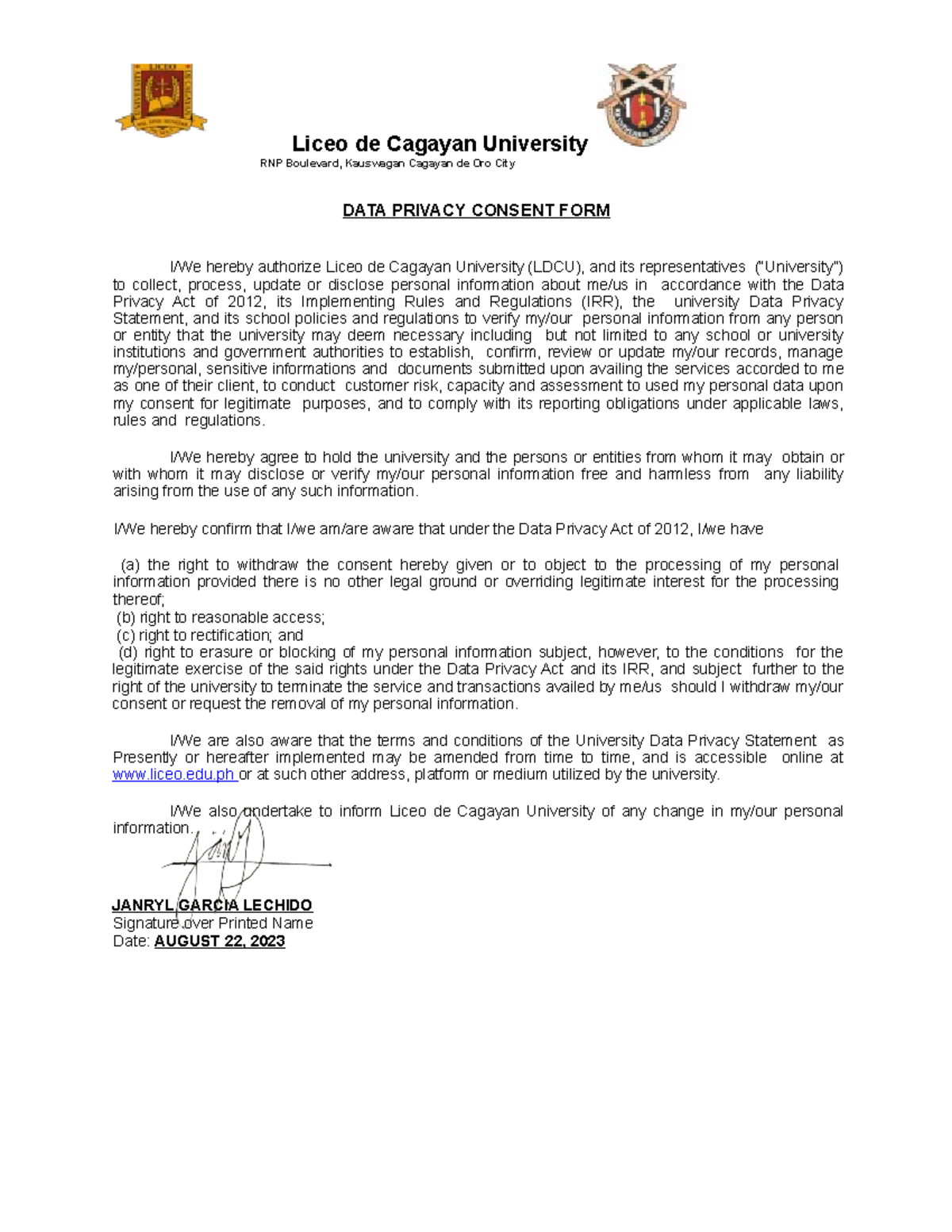 Liceo U Consent Form - Liceo de Cagayan University RNP Boulevard ...