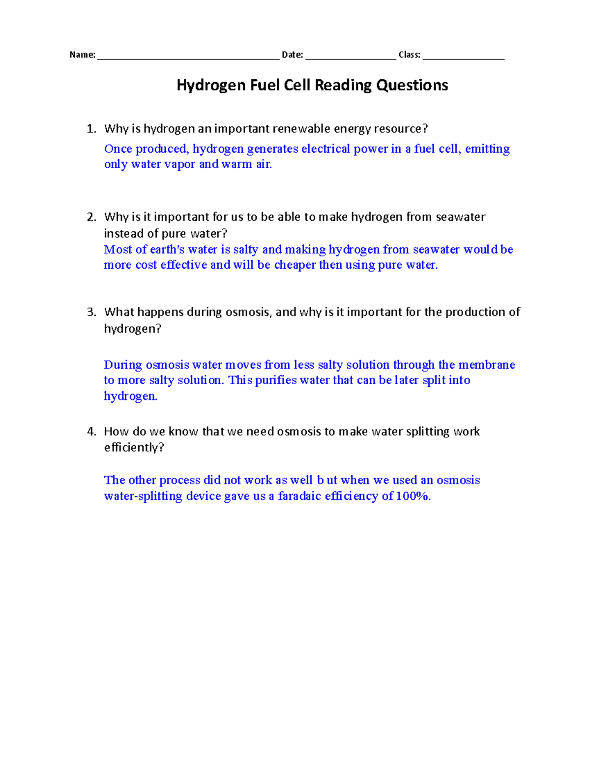 ABG Hydrogen Fuel Cell Reading Questions - Name ...