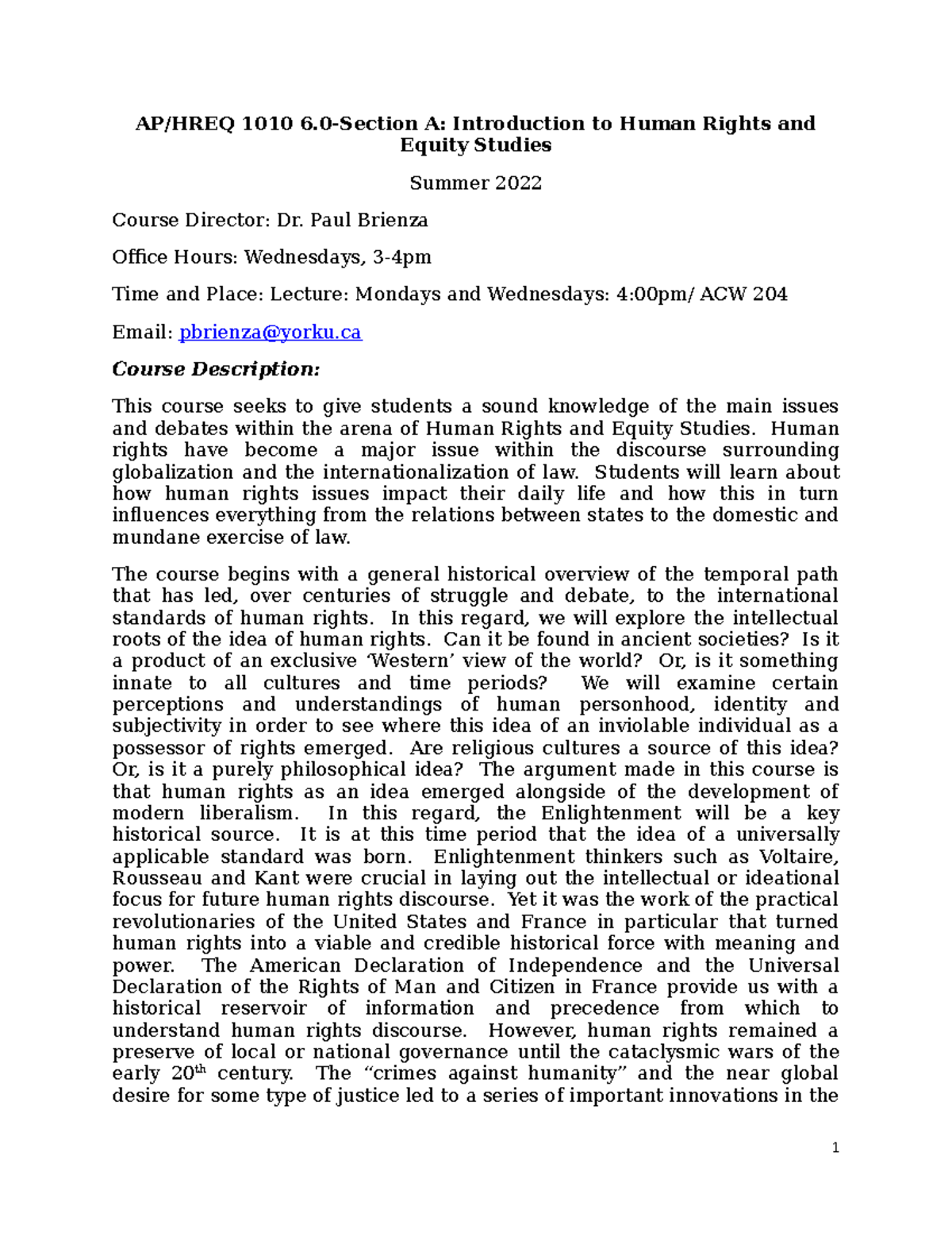Course Syllabus for HREQ 1010 - AP/HREQ 1010 6-Section A: Introduction ...