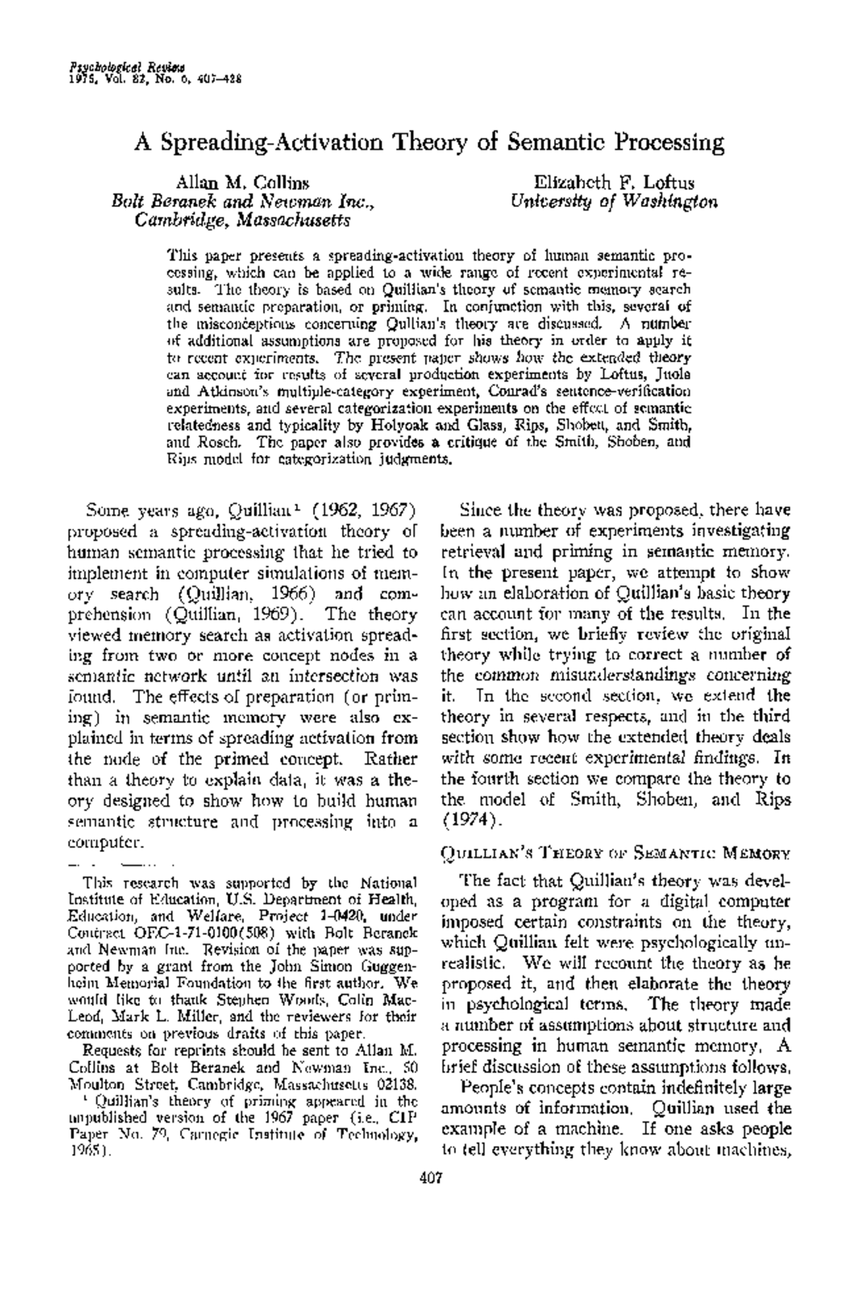 Collins Loftus 1975 A Spreading-Activation Theory of Semantic ...
