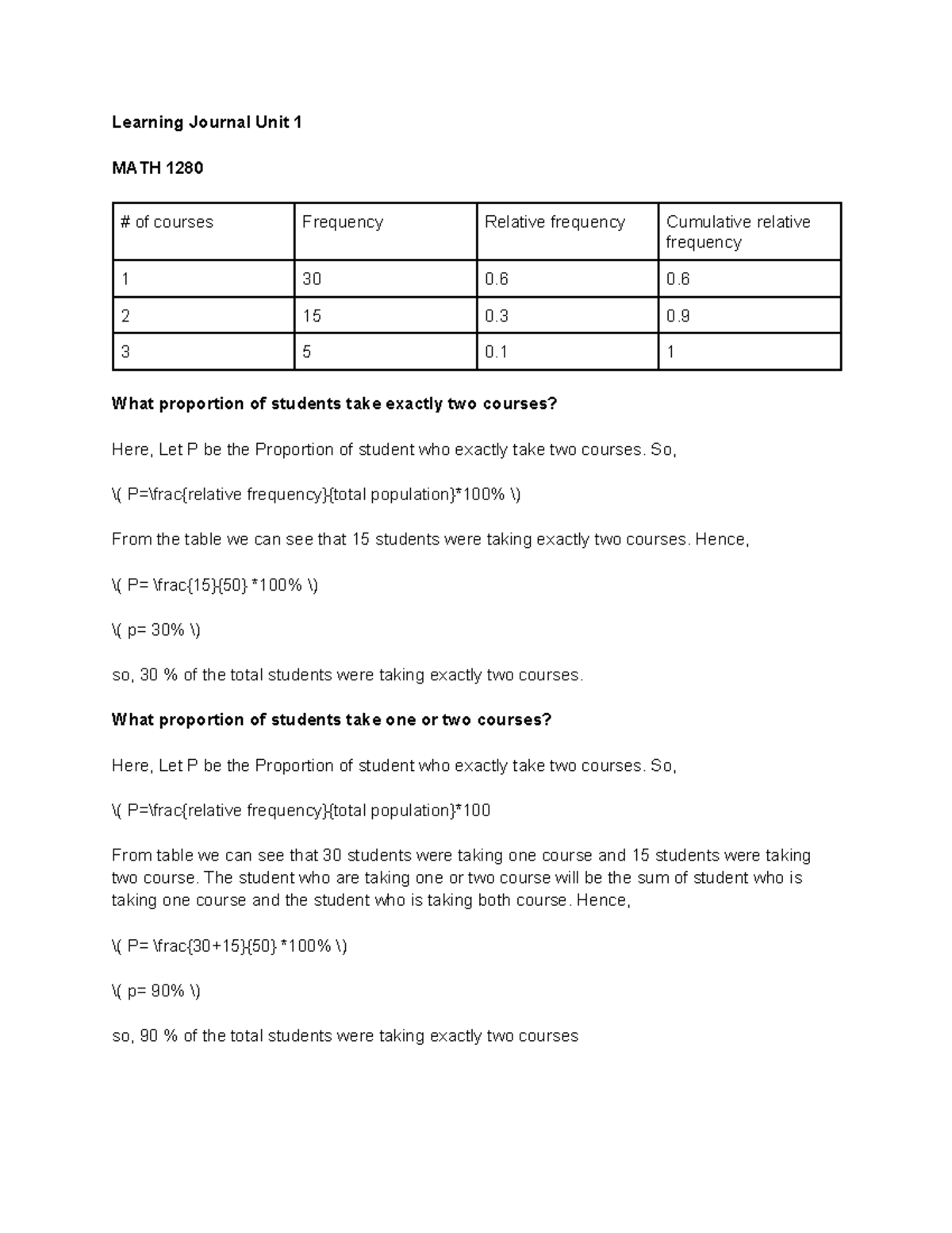 Math 1280 Learning Journal Unit 1 1 Learning Journal Unit 1 Math 1280 Of Courses Frequency