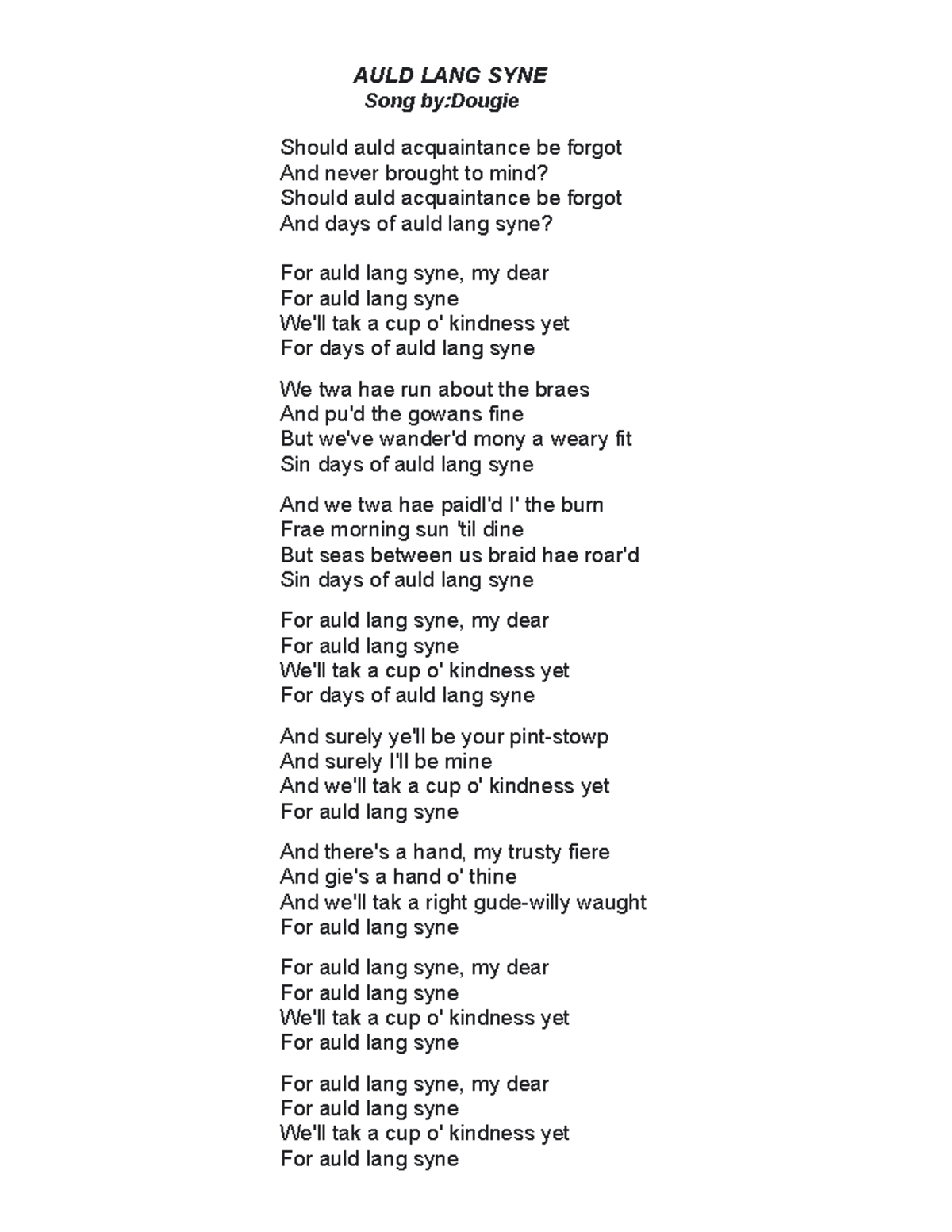 AULD LANG SYNE - AULD LANG SYNE - AULD LANG SYNE Song by:Dougie Should ...