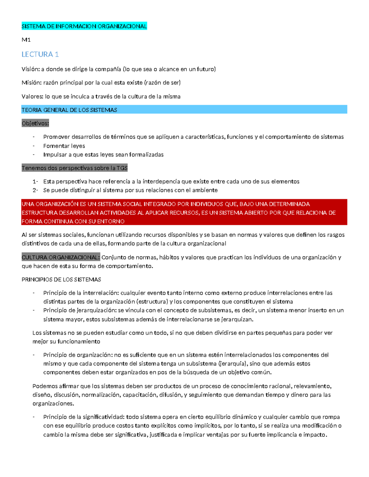 M1 - Resumen Sistemas de Información Organizacionales - SISTEMA DE INFORMACION ORGANIZACIONAL M ...