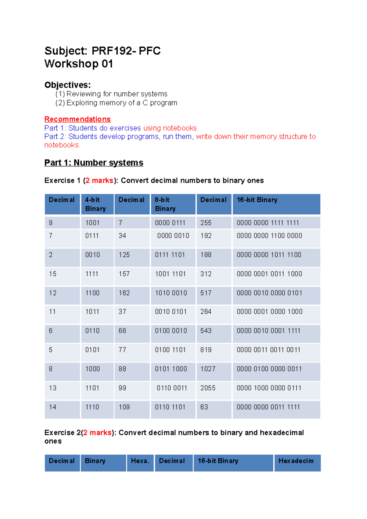 Work Shop 1 - this is workshop for you - Subject: PRF192- PFC Workshop 01 Objectives: (1 ...