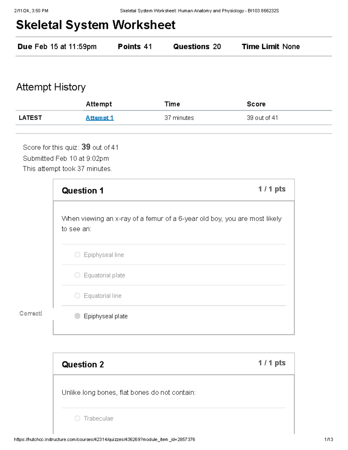 Skeletal System Worksheet Human Anatomy and Physiology - BI103 866232 S ...