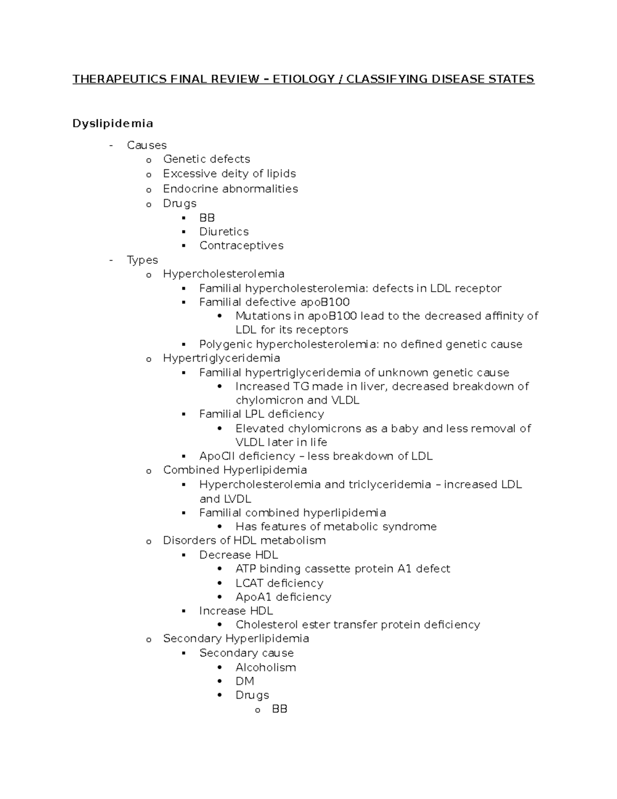 Final review classifying disease states - THERAPEUTICS FINAL REVIEW ...