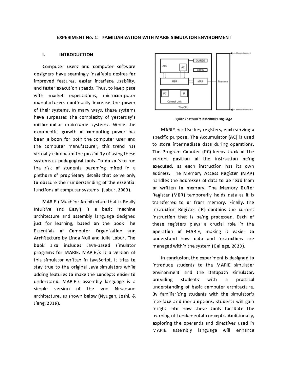 Experiment 1 COm Arch - EXPERIMENT No. 1 : FAMILIARIZATION WITH MARIE SIMULATOR ENVIRONMENT I ...