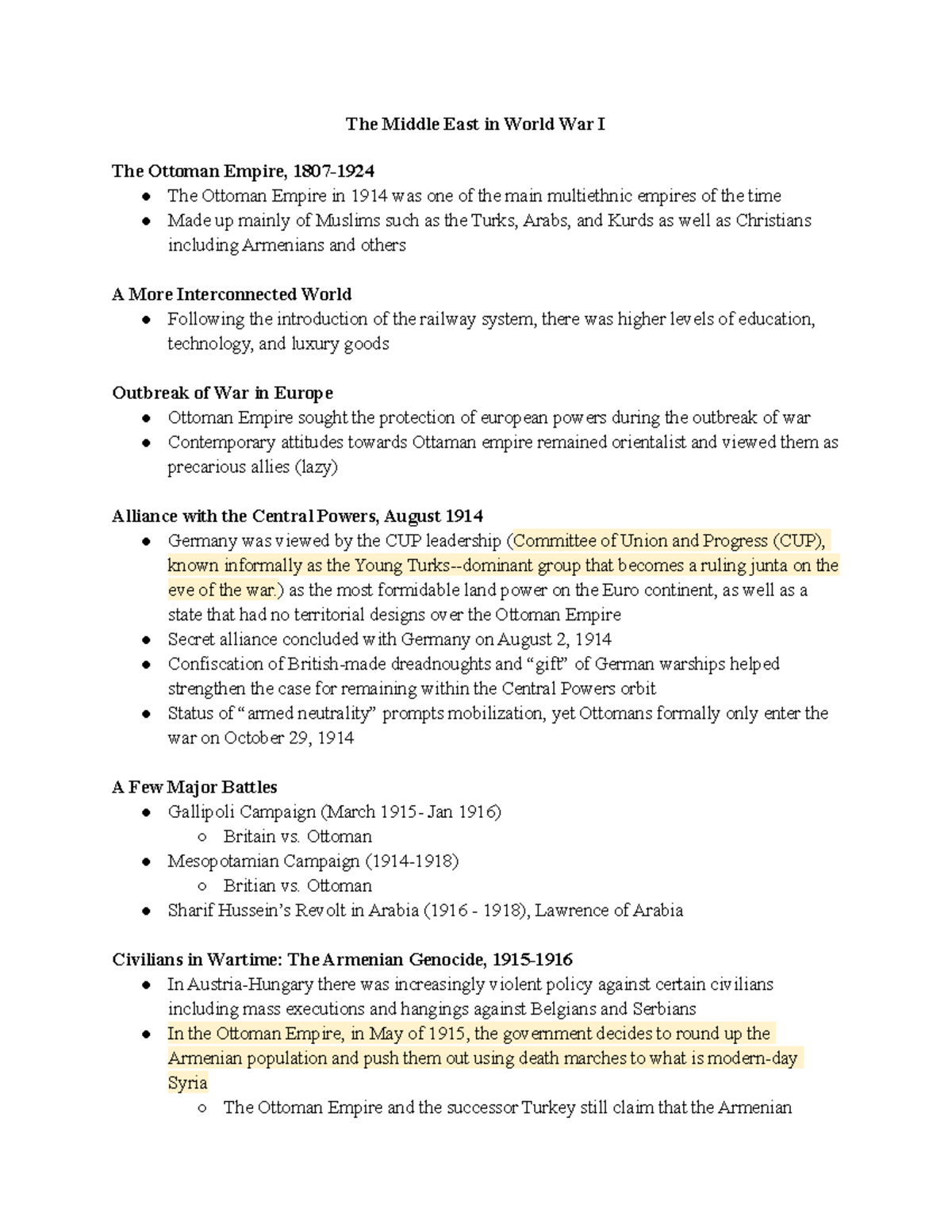 Lecture 3 The Middle East in World War I - The Middle East in World War ...