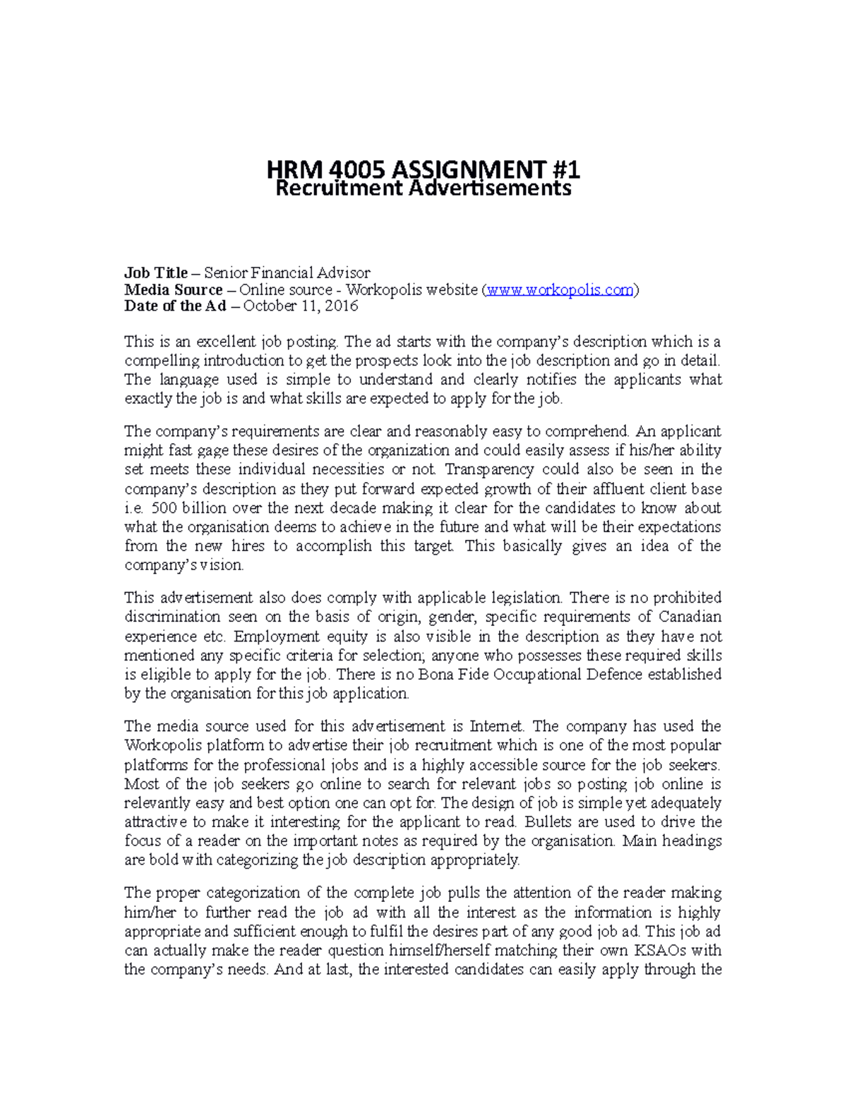 Selection and recruitment Assignment - HRM 4005 ASSIGNMENT Recruitment ...