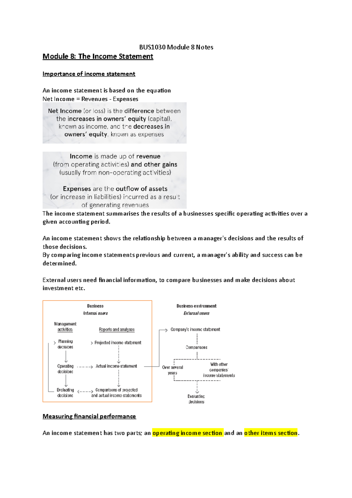 BUS1030 Module 8 Notes - Comprehensive note on week 8 content of ...