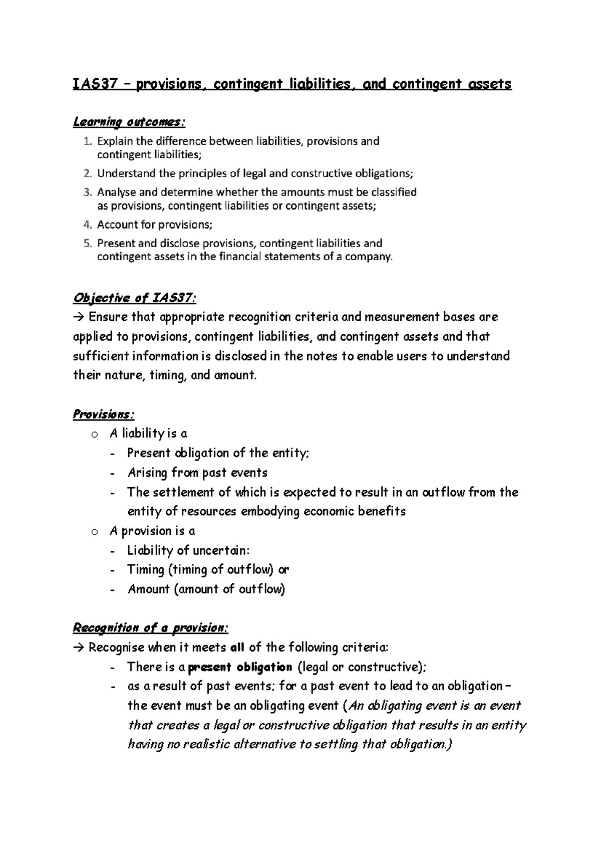 IAS 37 - notes - IAS37 – provisions, contingent liabilities, and ...