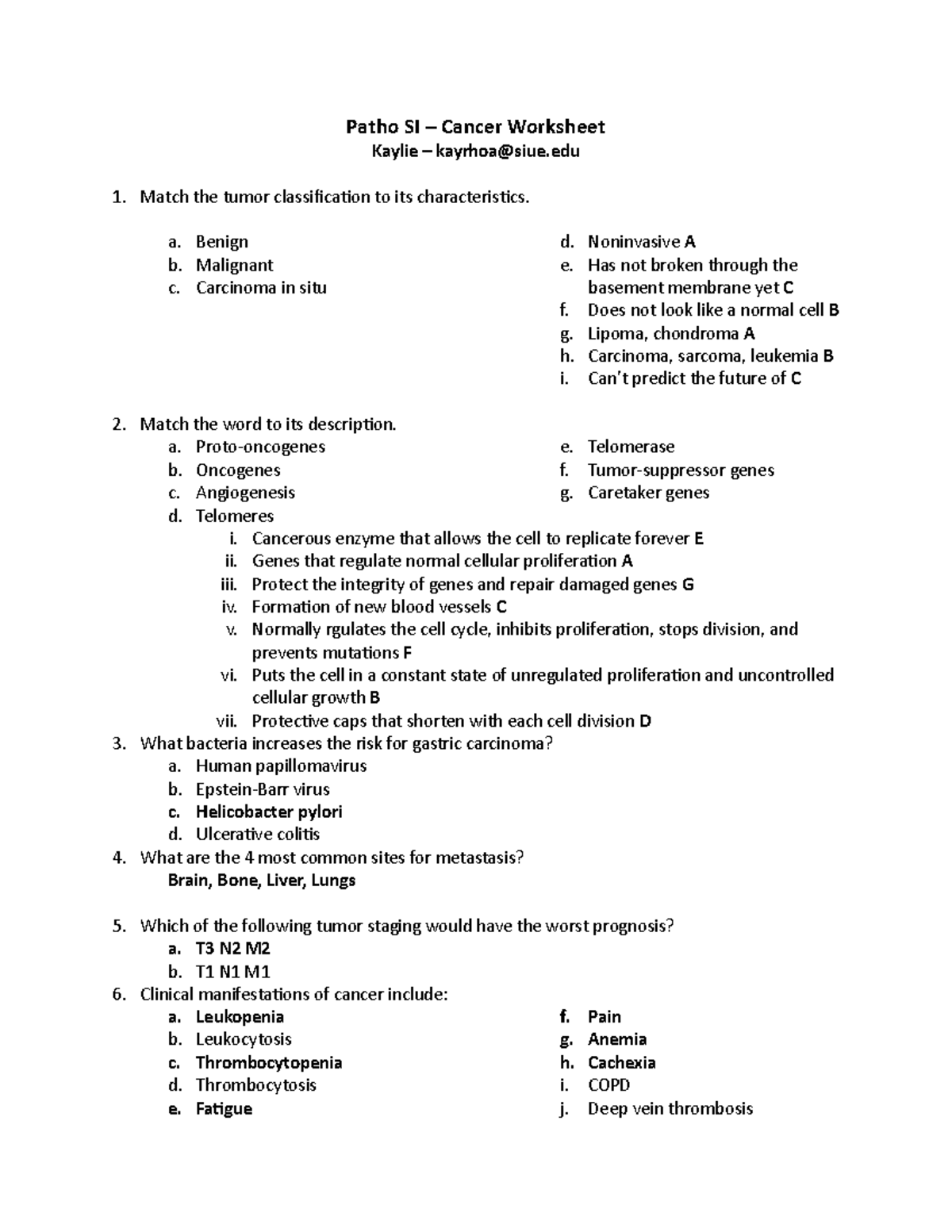 Cancer WS key - worksheet - Patho SI – Cancer Worksheet Kaylie ...