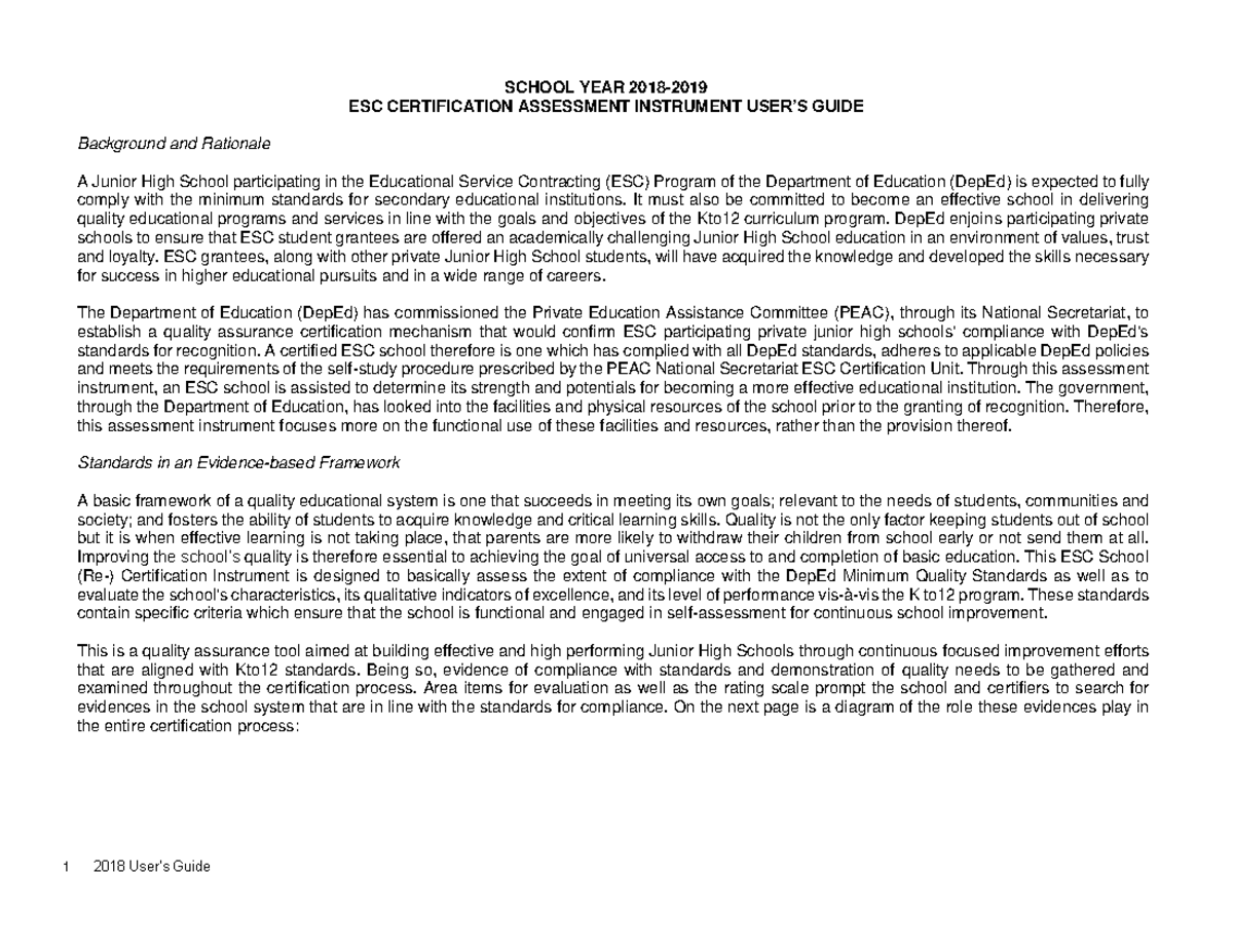 2018 THE Final Users Guide PEAC - SCHOOL YEAR 2018- ESC CERTIFICATION ...