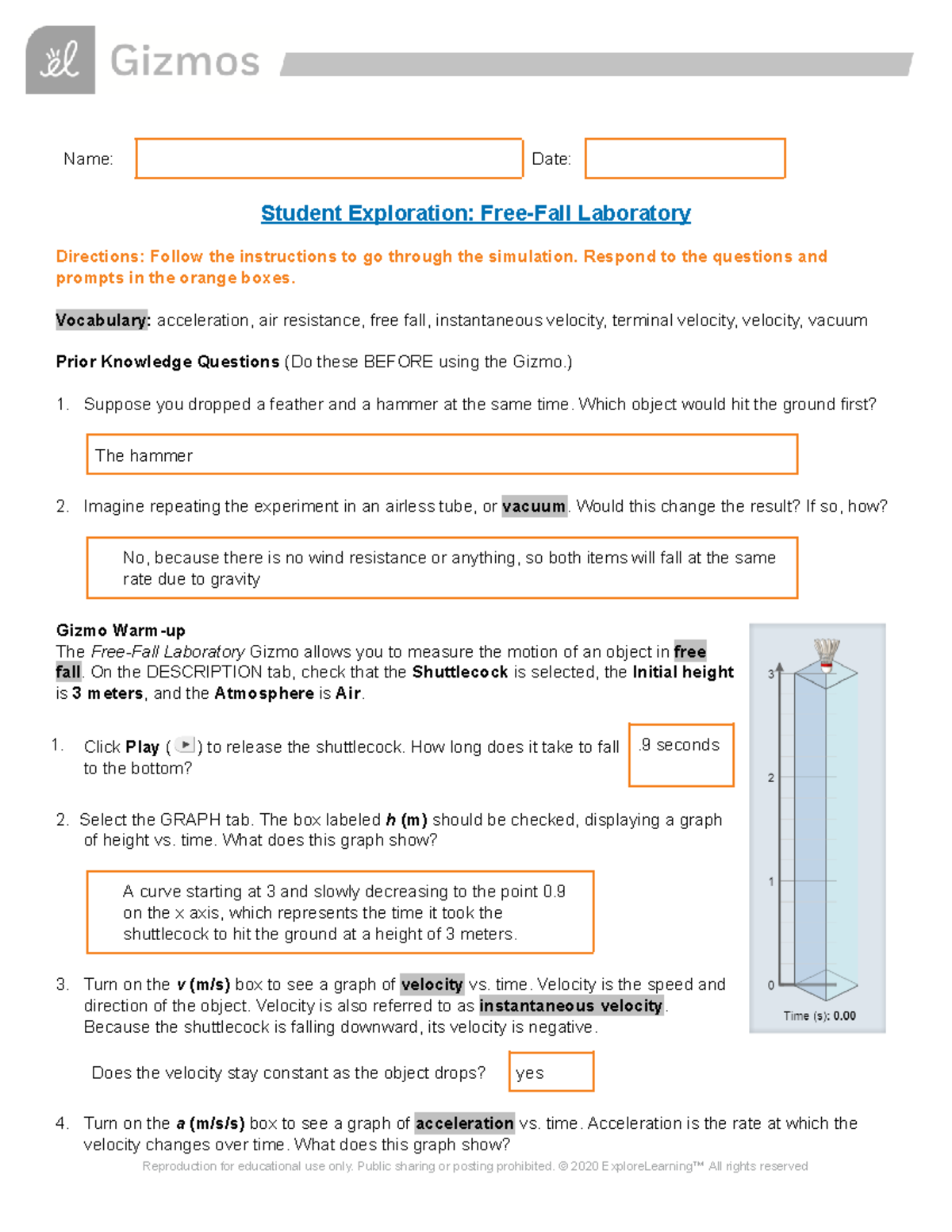 Free Fall SE - Free fall - Name: Date: Student Exploration: Free-Fall ...