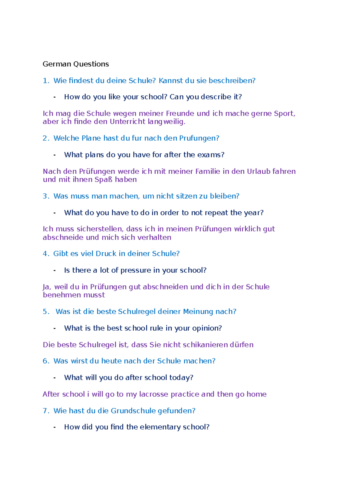 German Questions - home work - German Questions Wie findest du deine ...