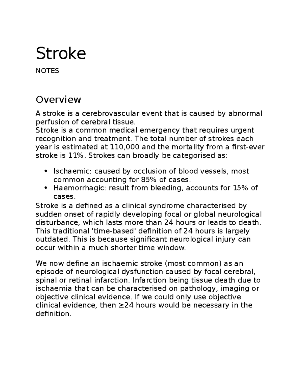 Stroke - Lecture notes 1 - Stroke NOTES Overview A stroke is a ...