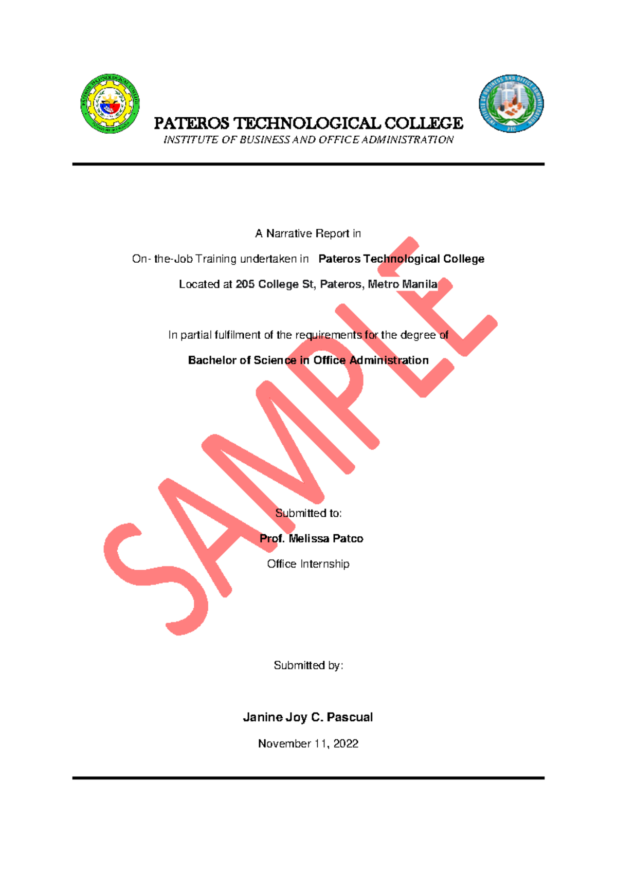 Narative- Report- Sample - PATEROS TECHNOLOGICAL COLLEGE ...