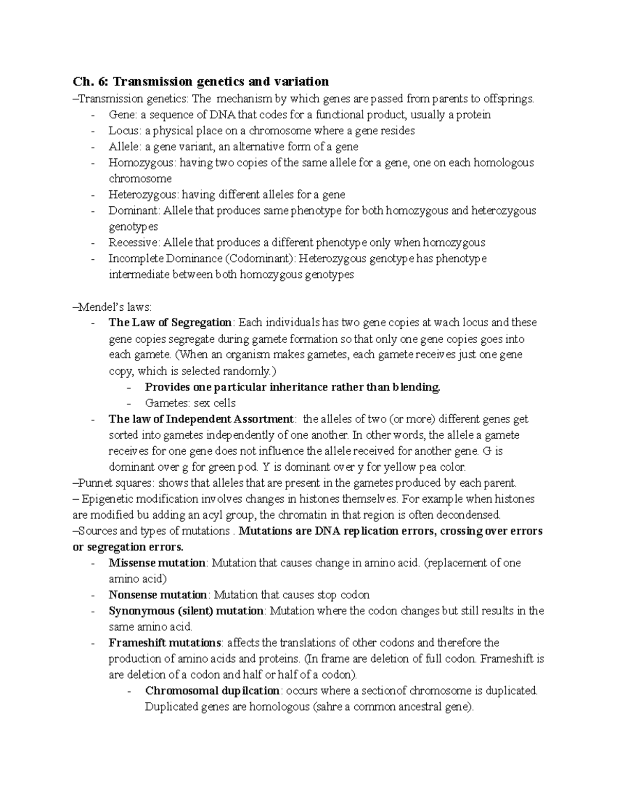 Evo exam 2 study guide - Ch. 6: Transmission genetics and variation ...
