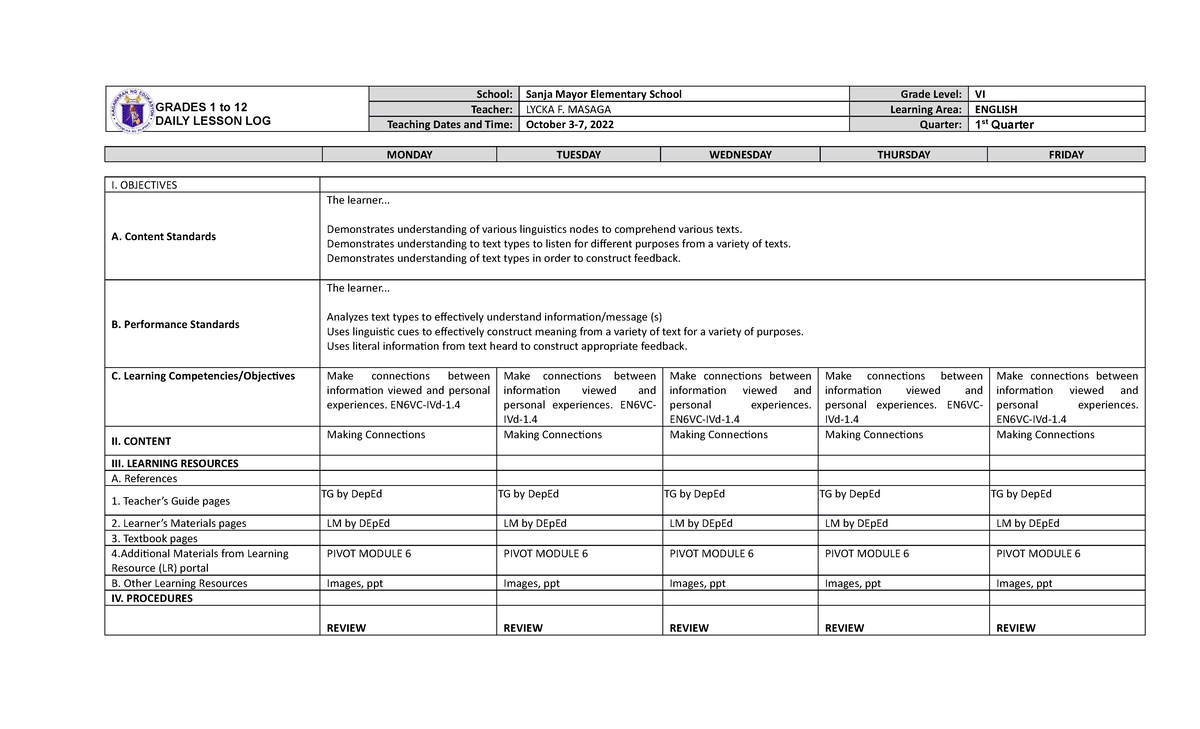 ENG 6 DLL-IDEA Q1-W7Log - GRADES 1 to 12 DAILY LESSON LOG School: Sanja Mayor Elementary School ...