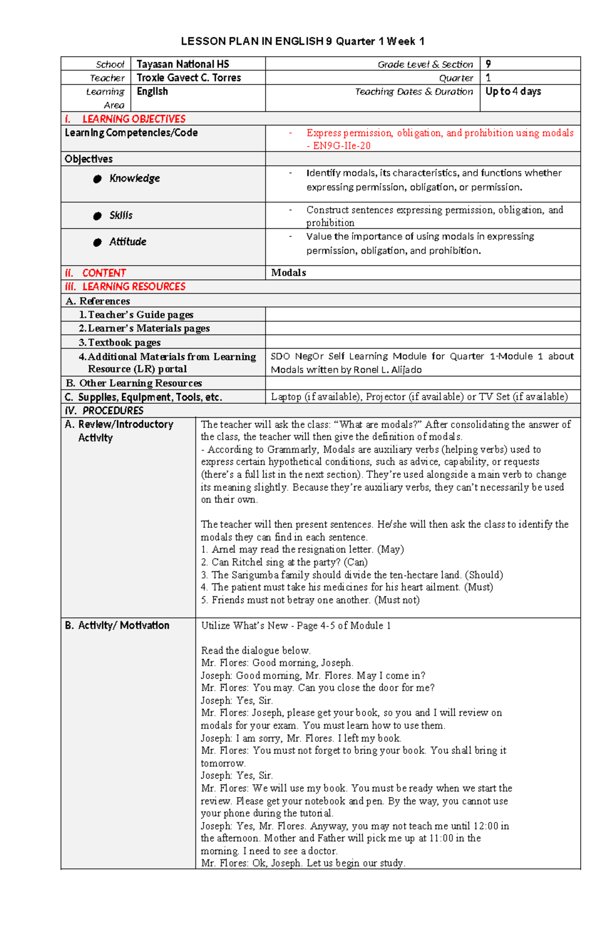 G9 Q1 Week1 Modals - LESSON PLAN IN ENGLISH 9 Quarter 1 Week 1 School ...