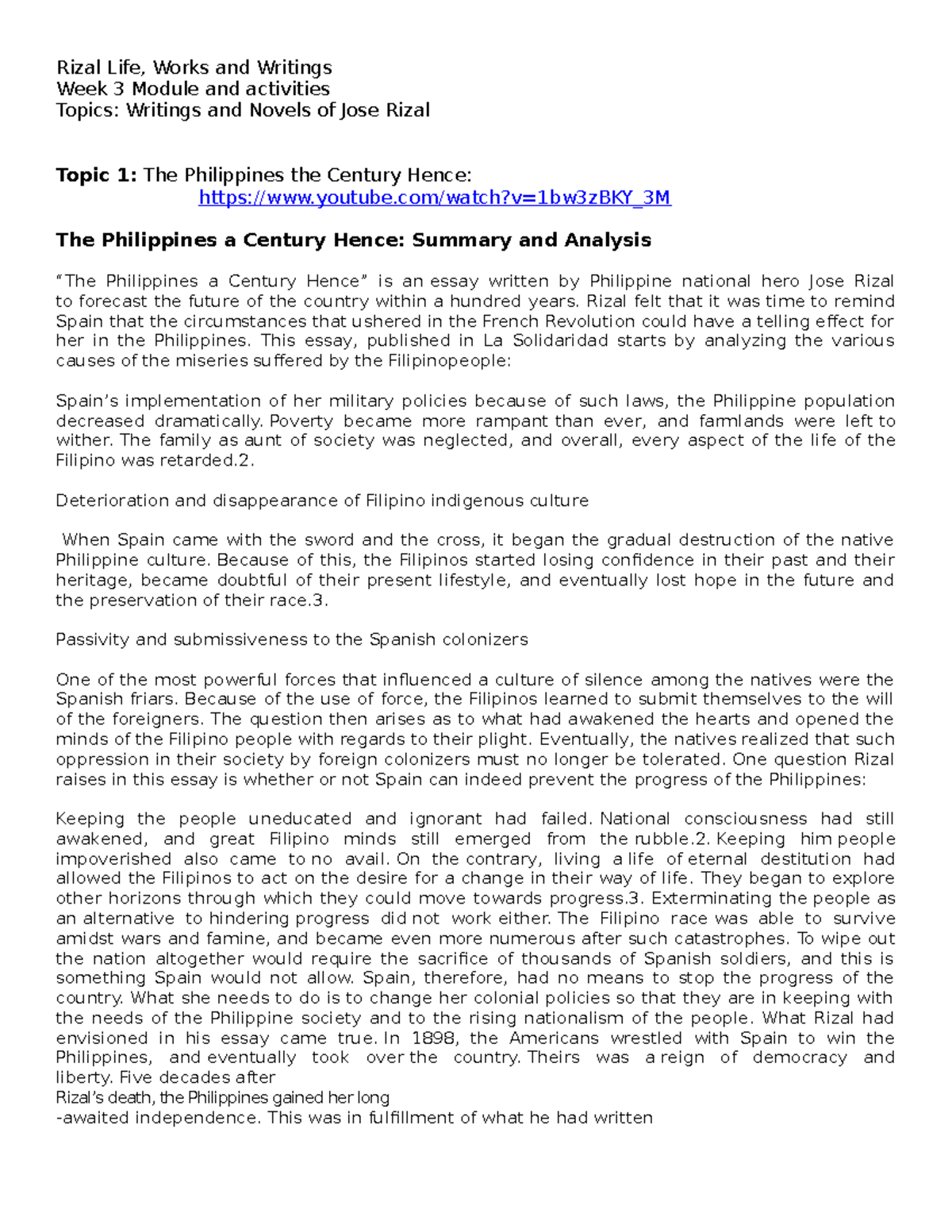 7de9x3z88 Week 3 - summaries of rizals work - Rizal Life, Works and ...