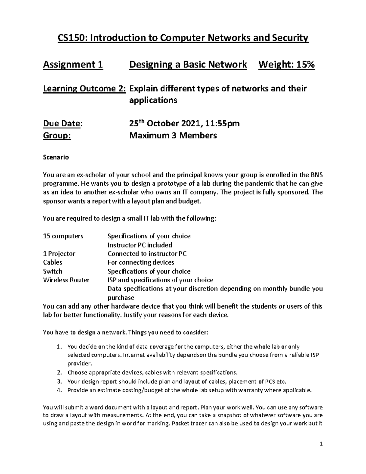 Assign 1S12021 - 1 CS150: Introduction to Computer Networks and ...