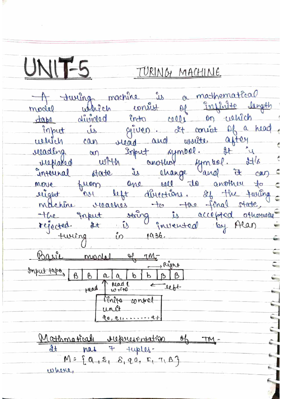 Unit5 Tafl Theory Of Computing Toctafl Hand Notes Turing Machine Model Which Consist Of