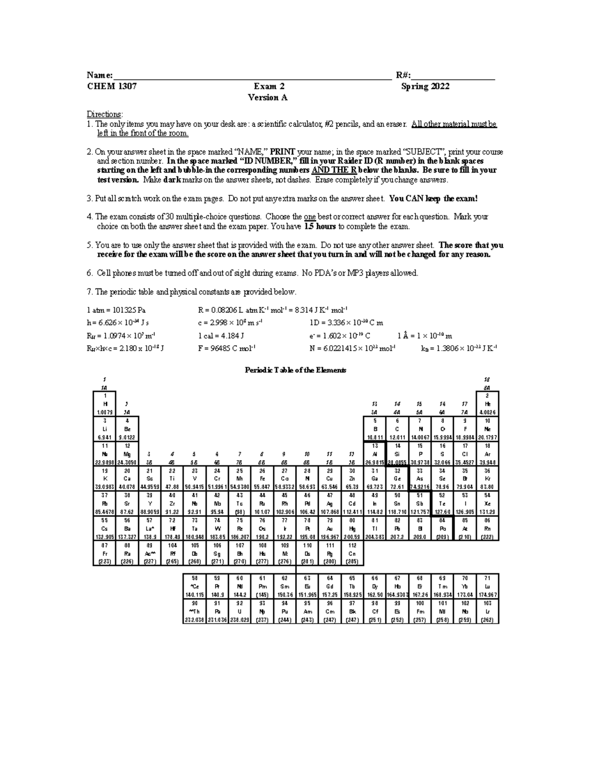 CHEM 1307 Exam 2 Spring 2022 Version A - - Studocu