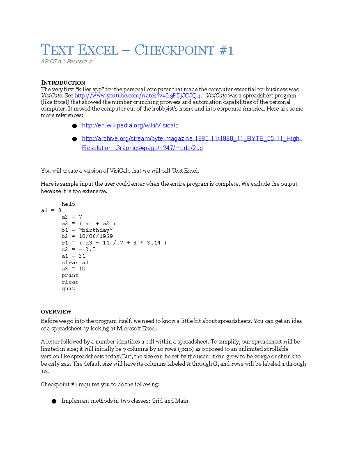 Text Excel - CP1 - TEXT EXCEL – CHECKPOINT AP CS A : PROJECT 2 INTRODUCTION The very first ...
