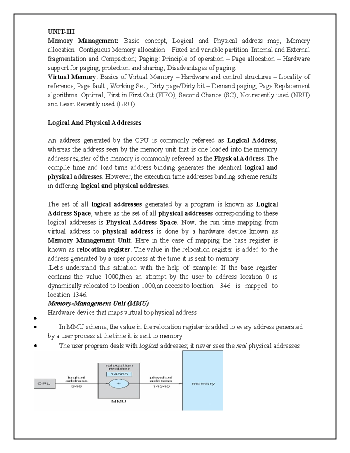 Operation system -Memory management - UNIT-III Memory Management: Basic ...